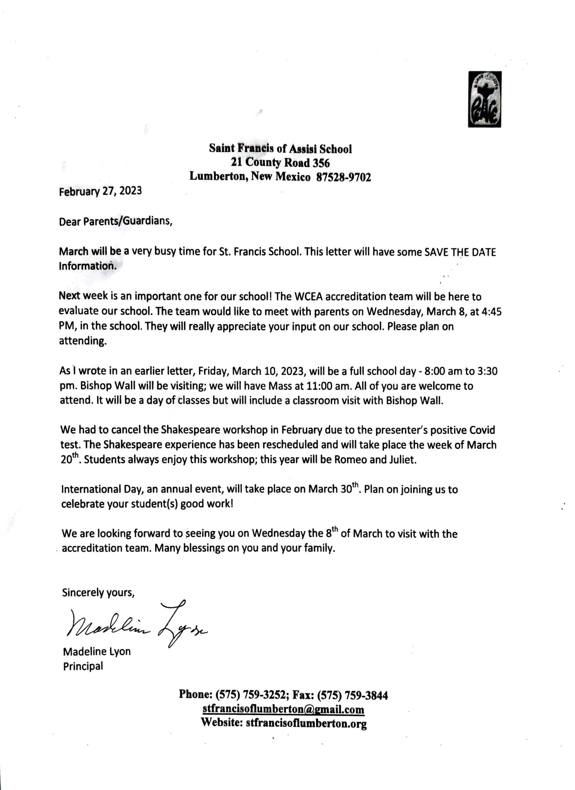 Parents Letter Mar 01, 2023 | St. Francis of Assisi School